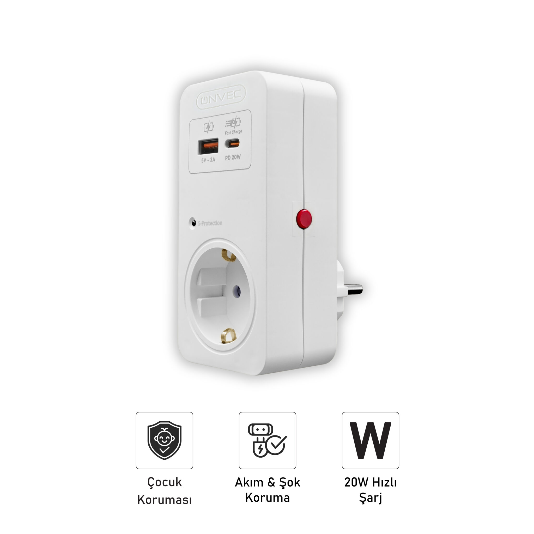 ONVEC Basic Usb/Type-c Hızlı Şarjlı Akım ve Şok Korumalı Priz 720 Joule